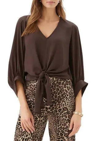 Karen Kane Blouson Sleeve Tie Front Top - Chocolate