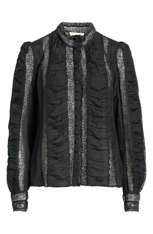 LoveShackFancy Jacque Lace Silk Paneled Button-up Shirt