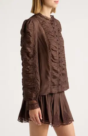 LoveShackFancy Jacque Lace Paneled Silk Button-up Shirt - Midnight Mocha