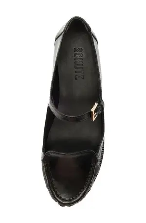 Schutz Tyla Buckle Leather Mary Jane Flat - Black