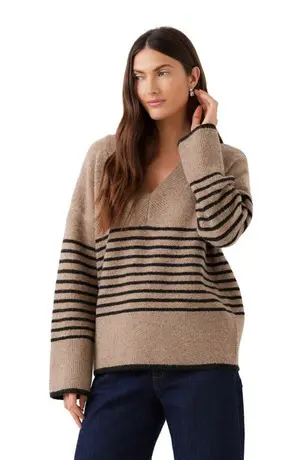 Karen Kane Stripe V-neck Sweater - Wheat/black