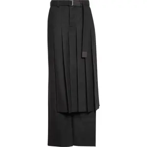Sacai Pleated Overlay Wool Flannel Wide Leg Pants