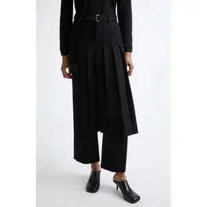 Sacai Pleated Overlay Wool Flannel Wide Leg Pants - Black