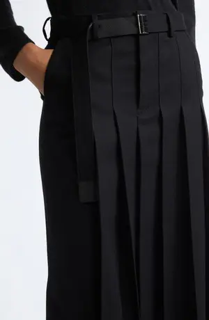 Sacai Pleated Overlay Wool Flannel Wide Leg Pants