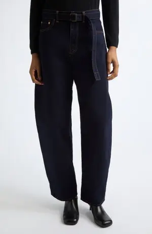 Sacai Belted High-waist Wide-leg Jeans With Contrast Stitching - Navy