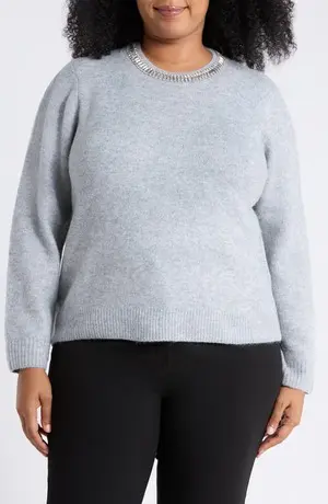 CECE DUPRAZ Embellished Neckline Pullover Sweater - Light Heather Grey