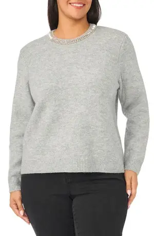CECE DUPRAZ Embellished Neckline Pullover Sweater - Light Heather Grey