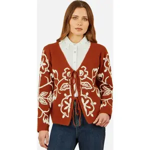 YUMI Folk Embroidered Tie Front Cardigan - Brown