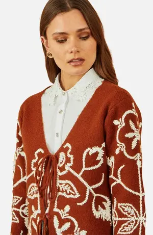 YUMI Folk Embroidered Tie Front Cardigan