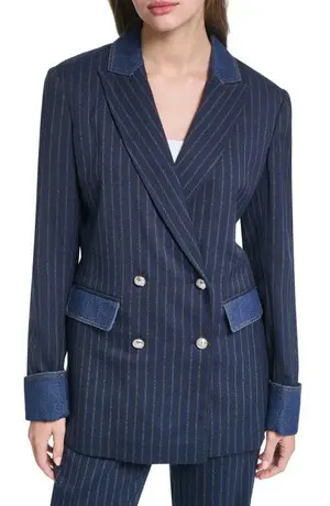 Karl Lagerfeld Paris Denim Trim Striped Blazer - Navy/gold