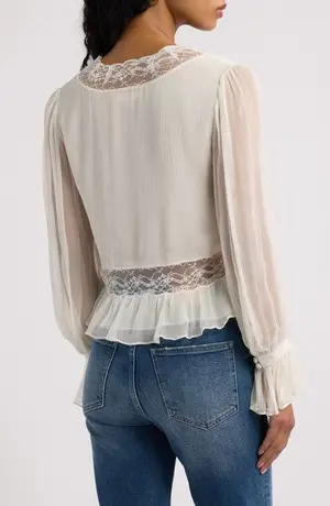 LoveShackFancy Thessira Lace Trim Ruffle Silk Blouse - Pale Stone
