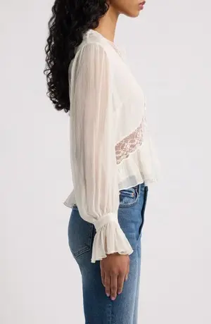 LoveShackFancy Thessira Lace Trim Ruffle Silk Blouse - Pale Stone