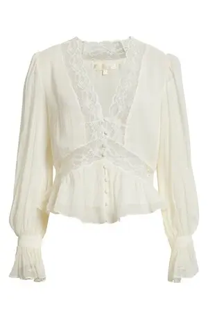 LoveShackFancy Thessira Lace Trim Ruffle Silk Blouse - Pale Stone