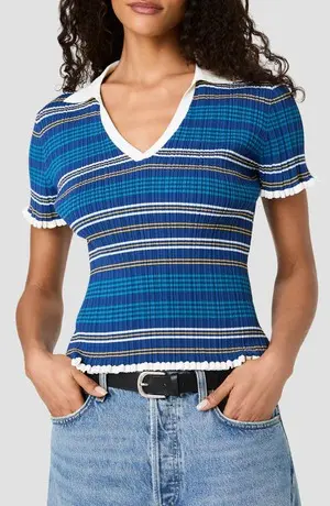 French Connection Striped Crinkle Rib Polo - Mixed Stripe