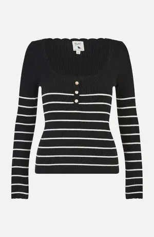 YUMI Button Detail Long Sleeve Rib Knit Top - Black
