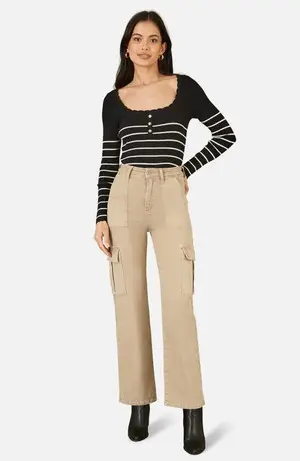 YUMI Button Detail Long Sleeve Rib Knit Top - Black