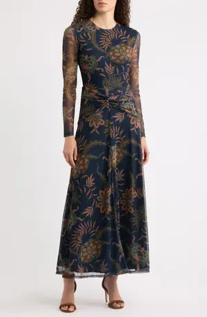 Julia Jordan Long Sleeve Floral Print Mesh Maxi Dress