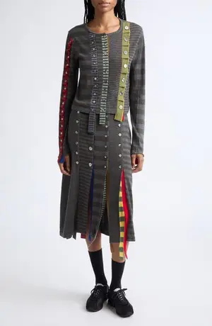 YANYAN Merino Wool Midi Skirt With Mismatched Tones And Mother-of-pearl Buttons