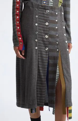 YANYAN Merino Wool Midi Skirt With Mismatched Tones And Mother-of-pearl Buttons
