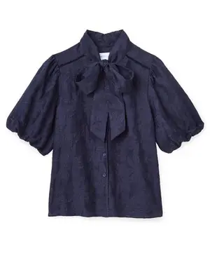 CARTOLINA Peggy Tie Neck Jacquard Blouse - Midnight Blue