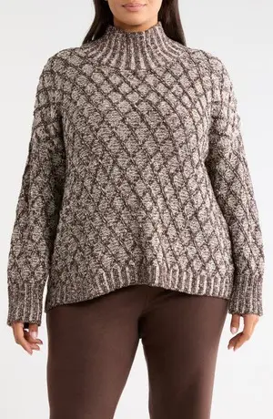 Eileen Fisher Diamond Cable Mock Neck Sweater - Coffee