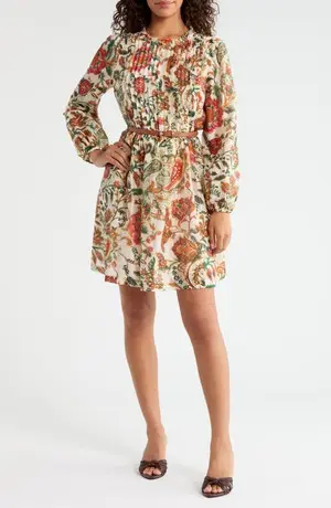 CECE DUPRAZ CeCe Long Sleeve Floral Print Dress With Ruffled Neckline And Belted Waist