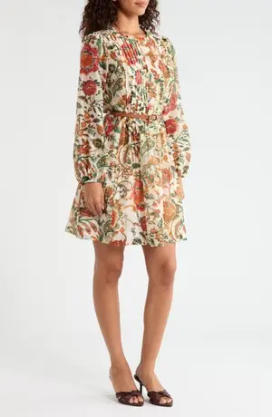 CECE DUPRAZ Long Sleeve Floral Print Dress With Ruffled Neckline And Belted Waist