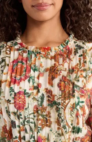 CECE DUPRAZ Long Sleeve Floral Print Dress With Ruffled Neckline And Belted Waist