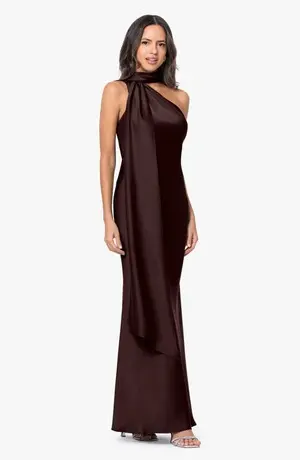 Betsy & Adam Asymmetric Tie Neck Satin Dress
