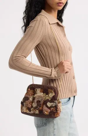 Mango Beaded Clutch With Chain Strap - Chocolate