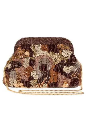 Mango Beaded Clutch With Chain Strap - Chocolate