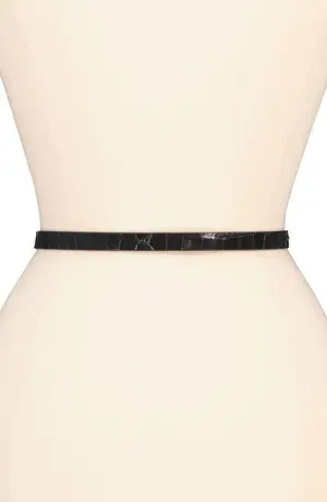 Vince Skinny Croc Embossed Leather Belt - Black