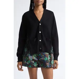 Sacai Floral Print Wool Blend Cardigan - Black/brown Multi