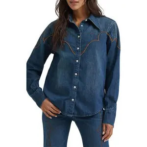 Wrangler Dramatic Collar Western Embroidered Denim Shirt - Saloon Shadow