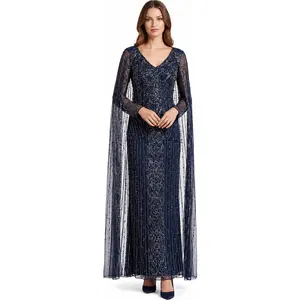 LARA NEW YORK V-neck Linear Beaded Dress With Long Cape