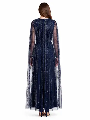 LARA NEW YORK V-neck Linear Beaded Dress With Long Cape