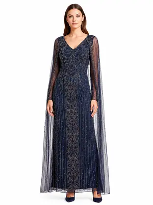LARA NEW YORK V-neck Linear Beaded Dress With Long Cape