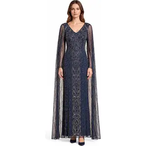 LARA NEW YORK V-neck Linear Beaded Gown With Cape - Navy