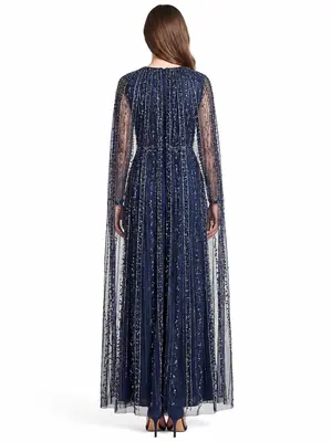 LARA NEW YORK V-neck Linear Beaded Gown With Cape