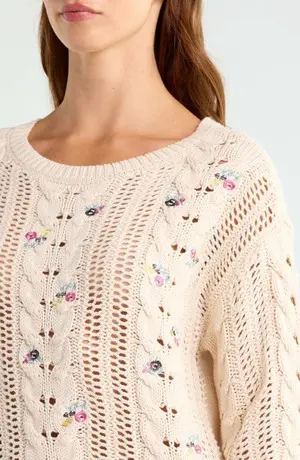 Lucky Brand Floral Embroidered Cotton Blend Sweater