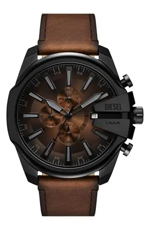 DIESEL® Mega Chief Slim Chronograph Leather Strap Watch - Brown