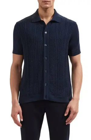 Bugatchi Short Sleeve Cable Knit Button-up Sweater - Navy