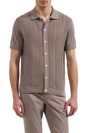 Bugatchi Short Sleeve Cable Knit Button-up Sweater - Walnut