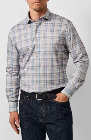 David Donahue Plaid Knit Sport Shirt Dune/blue