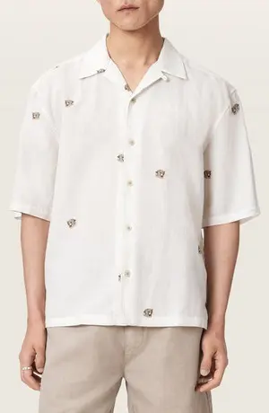 ALLSAINTS Feline Embroidered Linen & Cotton Camp Shirt - Ecru