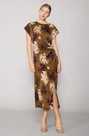MELLODAY Cap Sleeve Floral Print Satin Midi Dress