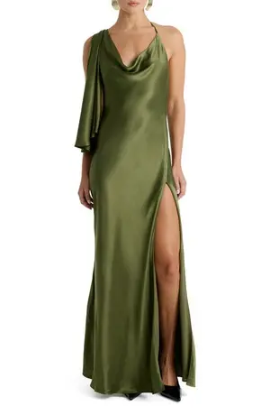 Bardot Anastasia Satin Maxi Halter Dress - Khaki
