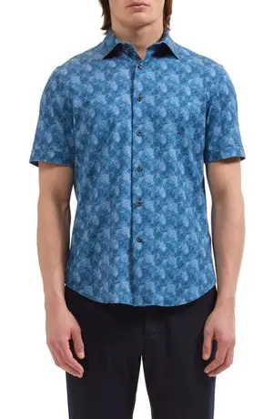 Bugatchi Miles Ooohcotton® Print Short Sleeve Button-up Shirt - Marine Blue