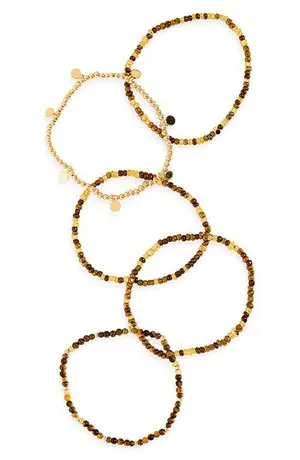 PANACEA Set Of 5 Beaded Stretch Bracelets With Metallic Accents - Brown