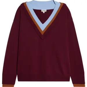 Staud Norman Contrast Detail V-neck Merino Wool Sweater